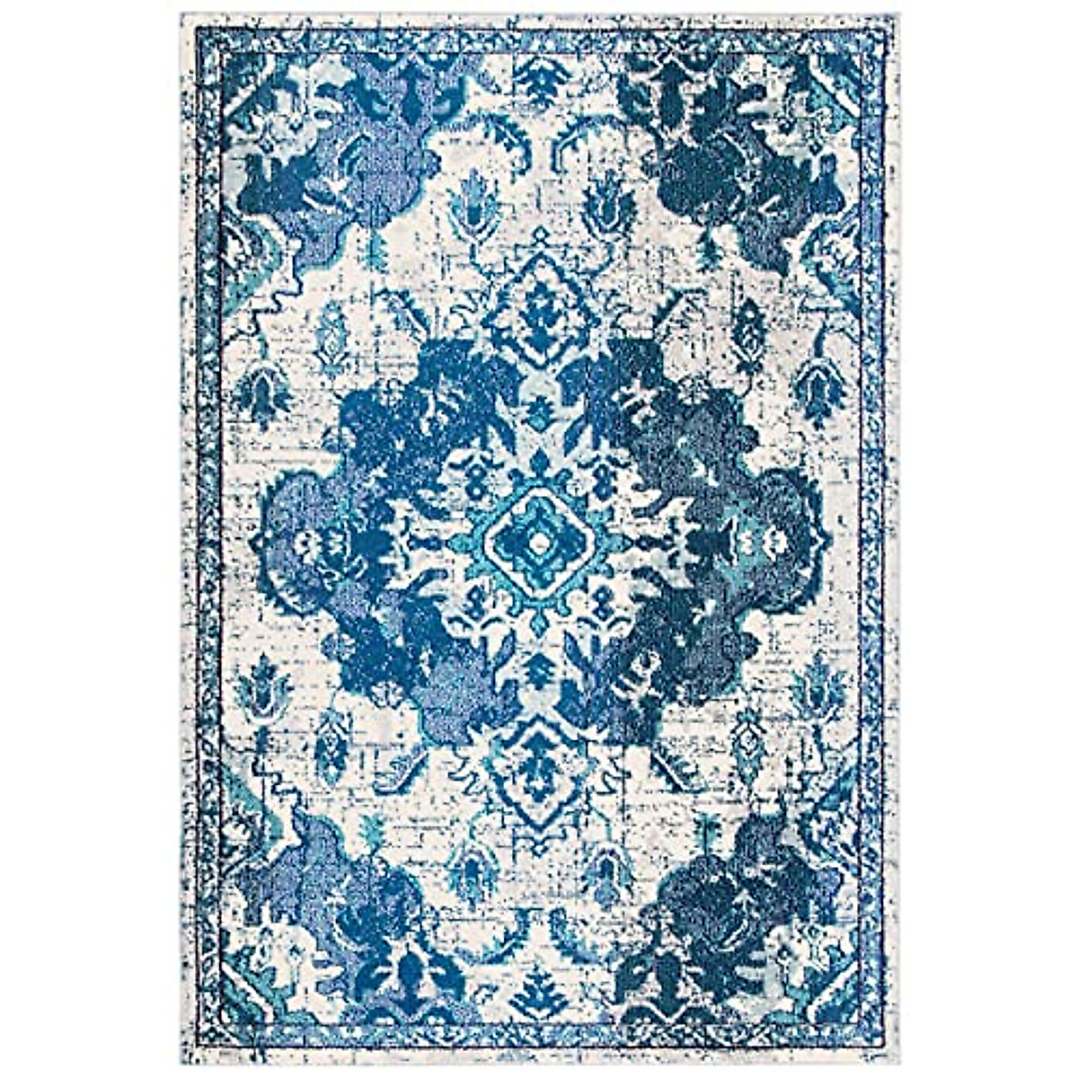 Safavieh Madison Collection 3' x 5' IvoryBlue MAD484A Boho Chic Medallion Distressed Non-Shedding Living Room Bedroom Entryway Accent Rug