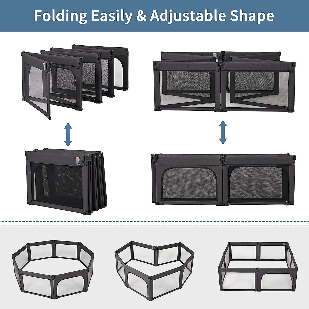 COSOLA Baby Playpen for Toddlers, Foldable Playpen Safe Anti-Fall Play Yard, Visible Mesh Play Pen with Zipper Gate, Baby Fence Play Area with Pull-up Rings, Adjustable Baby Play Yards, Black 71x59