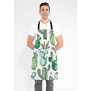 Lefolen Cactus Adjustable Bib Apron, Tropical Watercolor Cactus Plants Cooking Kitchen Apron for Men Women