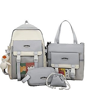 LaurelTree Kawaii Aesthetic Cute 4pcs School Bags Set with Accessories School Suppliers for Teens Girls Backpack Tote Bag (Black)