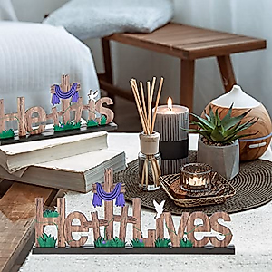 3 Pcs Easter Religious He is Risen Tabletop Decorations,Wooden Rustic Jesus Cross He is Risen He Lives Sign Inspirational Table Centerpiece for Easter Religious Party Dinner Coffee Bar Tabletop Decor