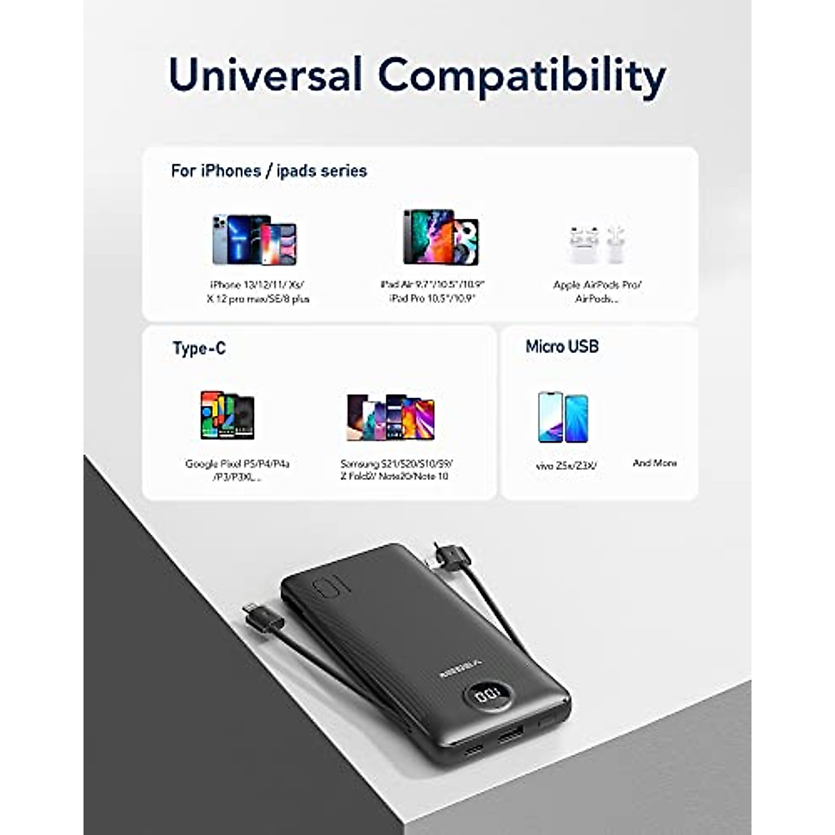 VEGER Portable Charger for iPhone Built in Cables Fast Charging USB C Slim 10000 Power Bank, Wall Plug USB Battery Pack for iPhones, iPad, Samsung More Phones Tablets (Black)