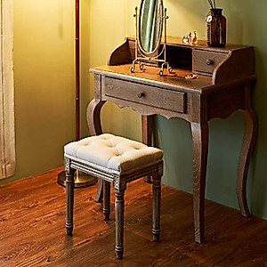 VONLUCE French Vintage Foot Stool with Rustic Wood Legs and Padded Seat, Upholstered Vanity Stool Piano Stool and Entryway Bench, Tufted Fabric Ottoman Stool for Bedroom Living Room More, Beige