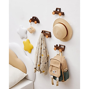 Vinoil Kids Coat Hooks Wall Mount, Walnut Car-Shaped Coat Rack Heavy Duty for Bathrooms,Kids’ Room,Door,Nursery,Entryway, 4 Pack Wood Wall Hooks for Hanging Hats,Backpacks,Towels,Keys&Clothes