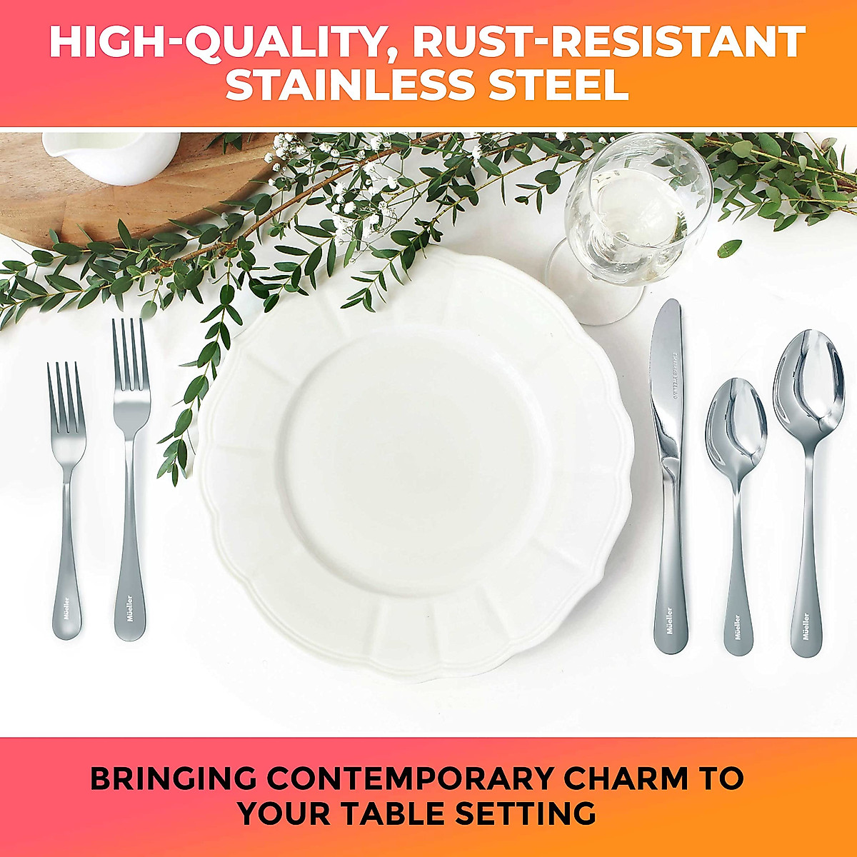 Mueller Flatware Set, 20-Piece Stainless Steel Silverware Set - Cutlery Set Service for 4 - Spoon, Knife, Fork, Salad Fork, Teaspoon - Dishwasher Safe