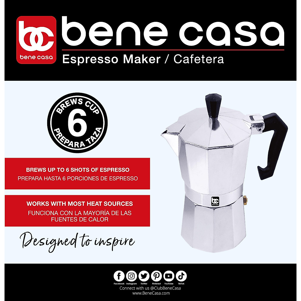 Bene Casa BC Classics BC-17730 6-Cup Aluminum Espresso Maker, Silver