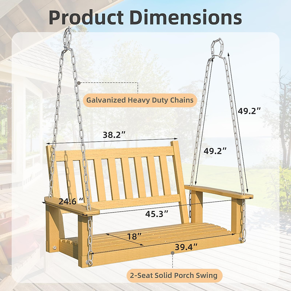 Swing Bench with Heavy Duty Hanging Chains Adjustable Outdoor Wooden Porch Swing [All-Weather Resistant] Outdoor Hanging Swing Bench for Adults/Porch/Yard/Patio(2-Seater)
