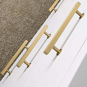 QOGRISUN 2-Pack Solid Brass Cabinet Handles, Gold Square T Bar Cabinet Pulls, 5 Inch Hole Center for Kitchen Dresser Drawer Cupboard, Brushed Brass Finish