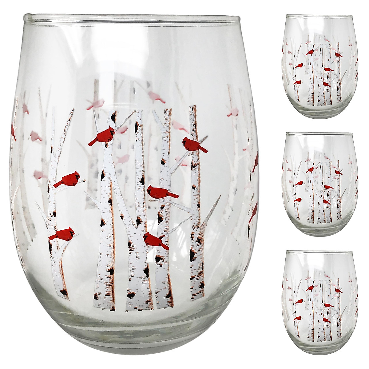 BANBERRY DESIGNS Cardinal Wine Glass - Set of 4 - Stemless Glasses - Cardinals Perched on White Birch Trees - All Occasion - Approximately 4 3/4" H 20 oz