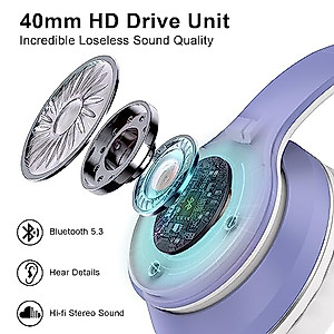 JOMILIN B9 Wireless Headphones Over-Ear, 60 Hours Playtime Lightweight Folding Hi-fi Stereo Bass Bluetooth Headset with Mic, Volume Control Headphones for iPad/Travel/Tablet/PC (Purple)