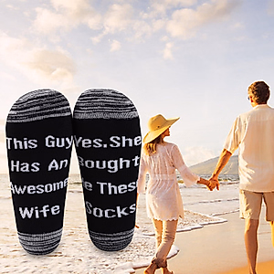 LEVLO Novelty Birthday Gift This Guy Has An Awesome Wife he Bought Me These Socks Cotton Socks Gifts for Him (2 pairs-mid calf-1)