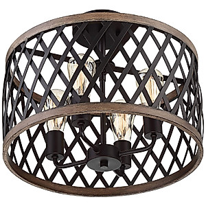 Franklin Iron Works Trey Farmhouse Rustic Close to Ceiling Light Semi Flush Mount Fixture 16" Wide 4-Light Bronze Woodgrain Drum Shade for Bedroom Hallway Living Room Dining Room Bathroom Kitchen
