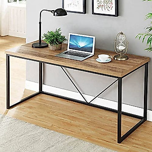 FOLUBAN Rustic Industrial Computer Desk,Wood and Metal Writing Desk, Vintage PC Table for Home Office, Oak 60 inch