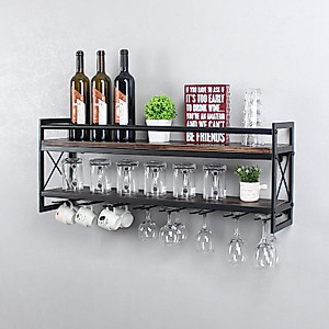 MBQQ Wine Rack Stemware Glass Rack,Industrial 2-Tier Wood Shelf,36" Wall Mounted Wine Racks with 8 Stem Glass Holder for Wine Glasses,Mugs,Home Decor,Retro Black