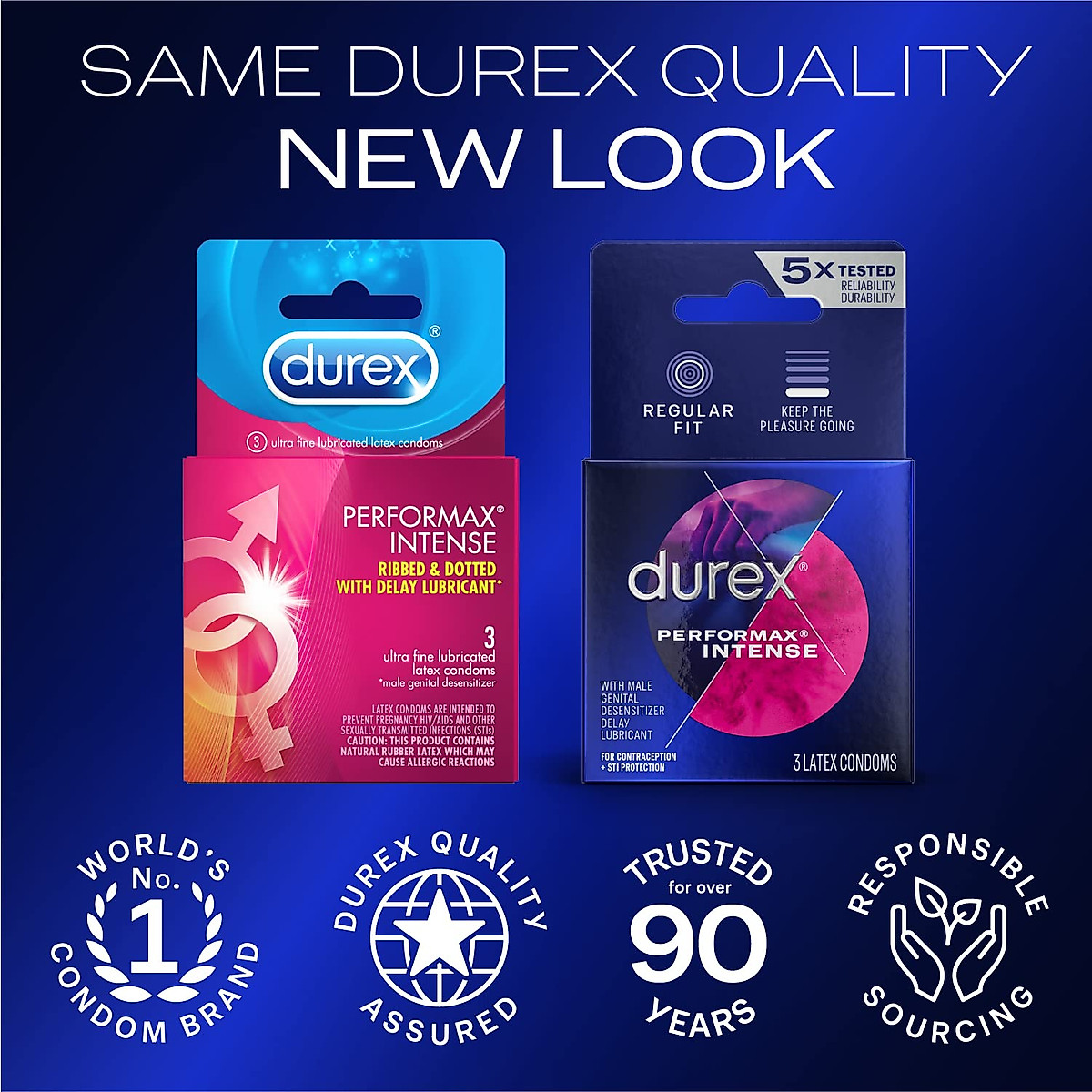 Condoms, Ultra Fine, Ribbed, Dotted with Delay Lubricant, Durex Performax Intense Natural Rubber Latex Condoms, 3 Count, Contains Desensitizing Lube for Men, FSA & HSA Eligible