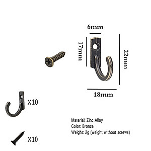 10 Pieces Zinc Alloy Antique Wall Mounted Delicate Small Hooks with Screws for Home Hanging Keys Hanging Towel Hanging Hat Coat Kitchen Supplies etc (Bronze)