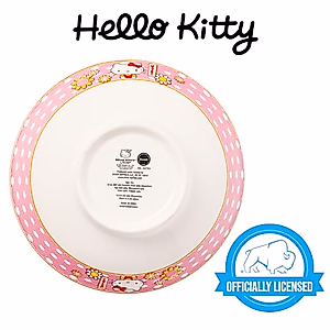 Silver Buffalo Sanrio Hello Kitty Pink and Gold Japanese Pattern with Flowers Ceramic Ramen Noodle Rice Bowl with Chopsticks, Microwave Safe, 30 Ounces