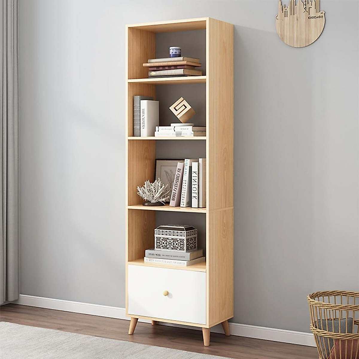 IOTXY Open Shelf Cube Bookcase - 71" Tall Mid-Century Large Bookshelf with Drawer and Deepen Display Storage Cabinet for Home Office, Oak