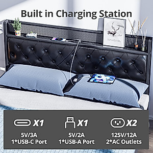 EvaStar Home Queen Bed Frame with 4 Storage Drawers, Charging Station and LED Lights, Upholstered Headboard with Storage Shelves, Heavy Duty Metal Slats, Noise Free, Easy Assembly, Black