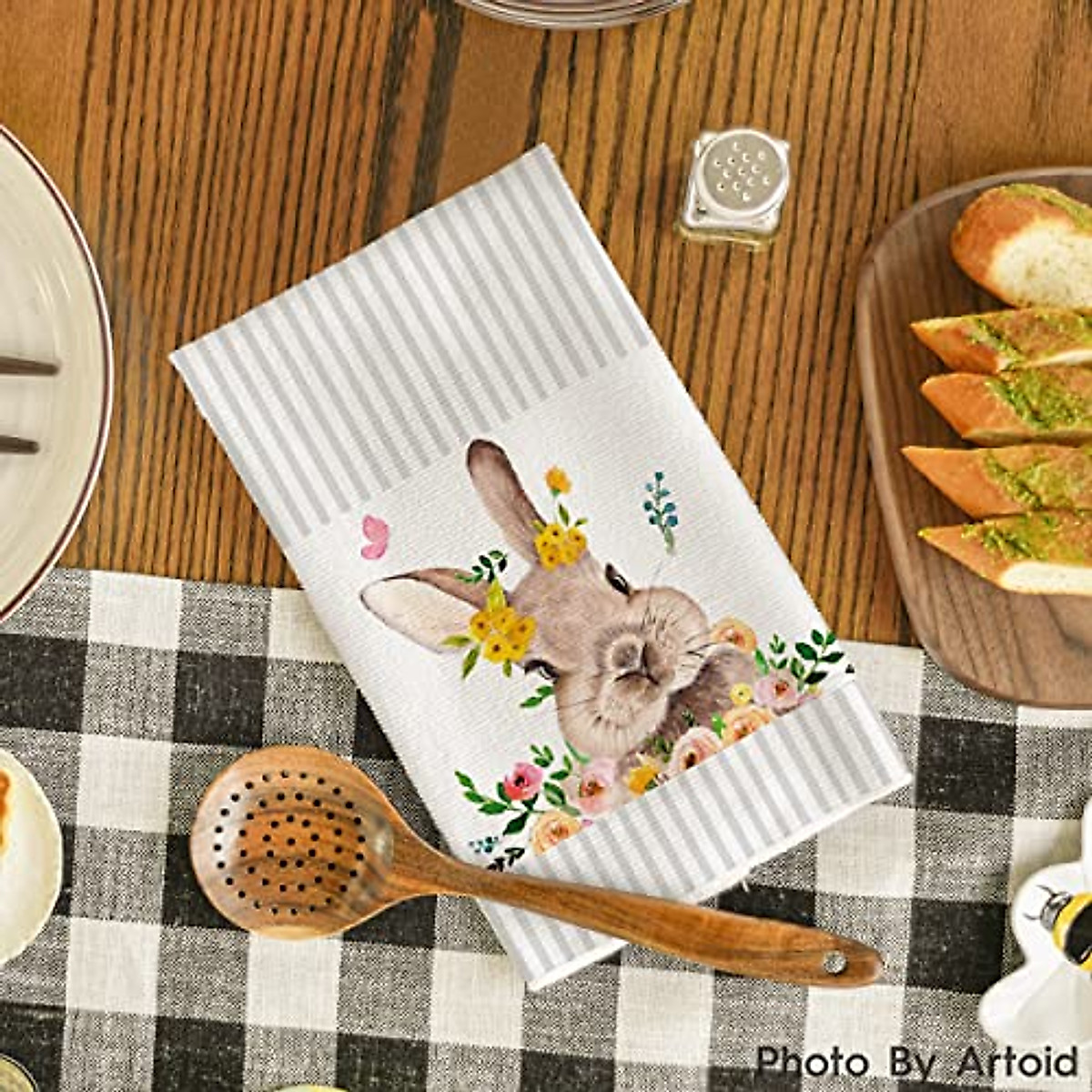 Artoid Mode Stripes Beige Bunny Rabbit Eggs Easter Kitchen Towels Dish Towels, 18x26 Inch Seasonal Spring Flowers Leaves Holiday Decoration Hand Towels Set of 2