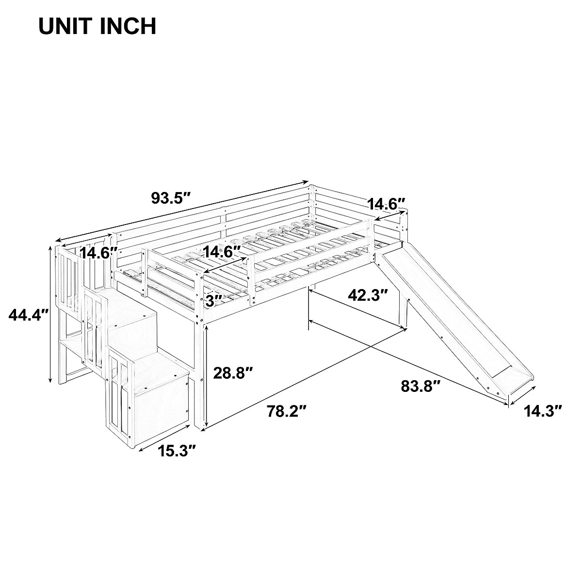Harper & Bright Designs Twin Loft Bed with Slide and Stairs, Solid Wood Kids Loft Bed with Full-Length Safety Guardrails, for Girls Boys – Gray