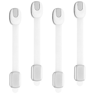 Mum & Cub Child Safety Locks, Baby Proofing Latches for Cabinet, Drawer, Toilet, Refrigerator, Oven, Dresser and More, Strap Design, Strong Adhesive, Easy to Use (4 Locks, 4 Outlet Plug Covers)