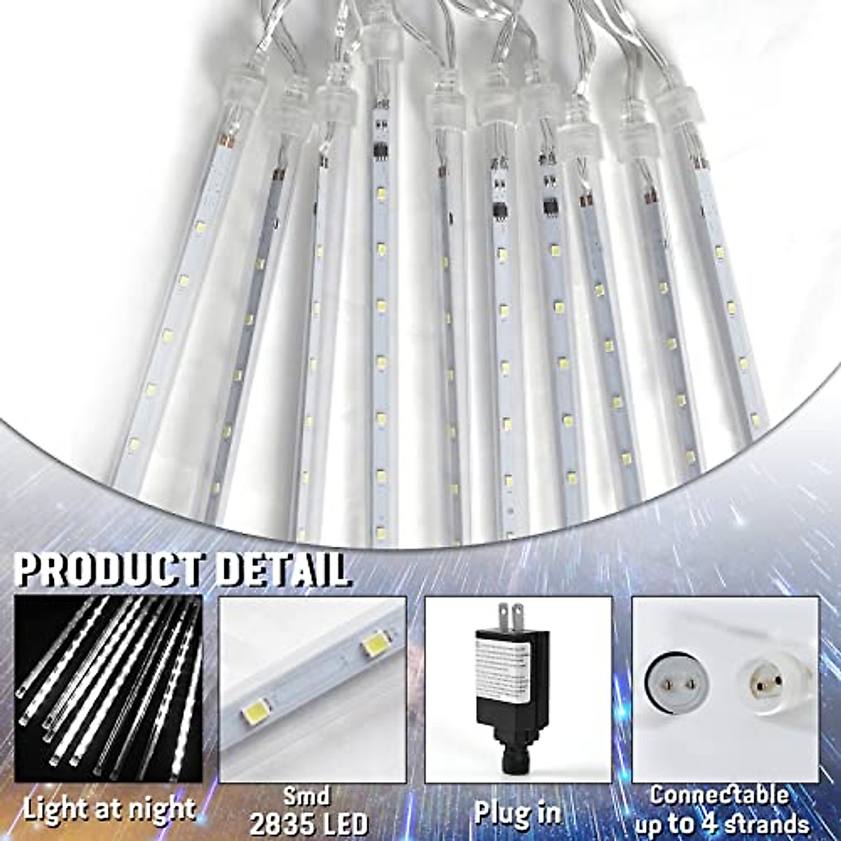 Rivokeer 240 LED Meteor Shower Rain Lights 10 Tube 12INCH/30CM Icicle Falling Rain Drop Christmas Light, Waterproof Cascading Lights for Holiday Party Wedding Christmas Tree Decoration, White
