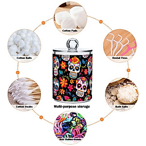 Day Of The Dead Skull Flowers Qtip Holder 2Packs Cotton Ball Holder Bathroom Organizer Dispenser Plastic Jar Apothecary Jars with Lids for Vanity Floss Cotton Pad Swab Room Home Decor