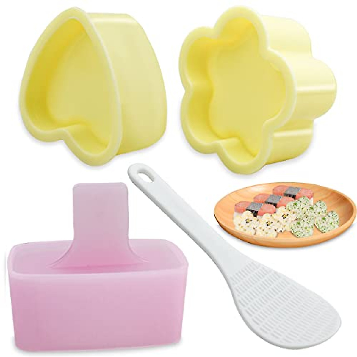 3 Pack Rice Ball Mold & White Rice Paddle Spam Musubi Maker Mold Sushi Making Kit Non Stick Musubi Press Onigiri Molds Spam Rice Mold Luncheon Meat Press Home Kitchen Lunch Bento DIY for Kids