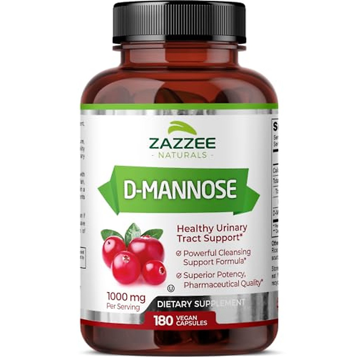 Zazzee D-Mannose, 1000 mg per Serving, 180 Vegan Capsules, 3 Month Supply, Potent & Fast-Acting, Certified Kosher, 100% Pure, All-Natural Urinary Tract Health UTI Support, 100% Vegetarian, Non-GMO