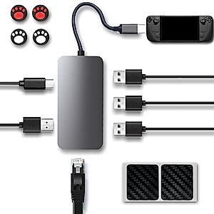 Steam Deck Dock, AOLION 6 in 1 Steamdeck 4K TV Docking Station USB C Hub Multiport Adapter with HDMI/USB 3.0 / Type C/Ethernet Port, 2 Protect Sticker and 4 Thumb Grip Caps for Stream Deck Console