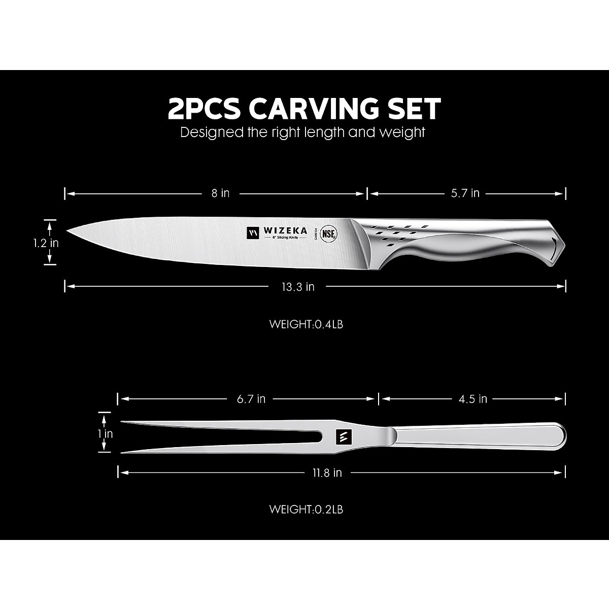 WIZEKA Turkey Carving Knife Set 2-Piece, 8-inch Carving Knife and Fork Set, Ultra-Sharp German Stainless Steel Kitchen Knife for Meat, BBQ, Carving Set with Gift Box for Thanksgiving, Jaguar Series