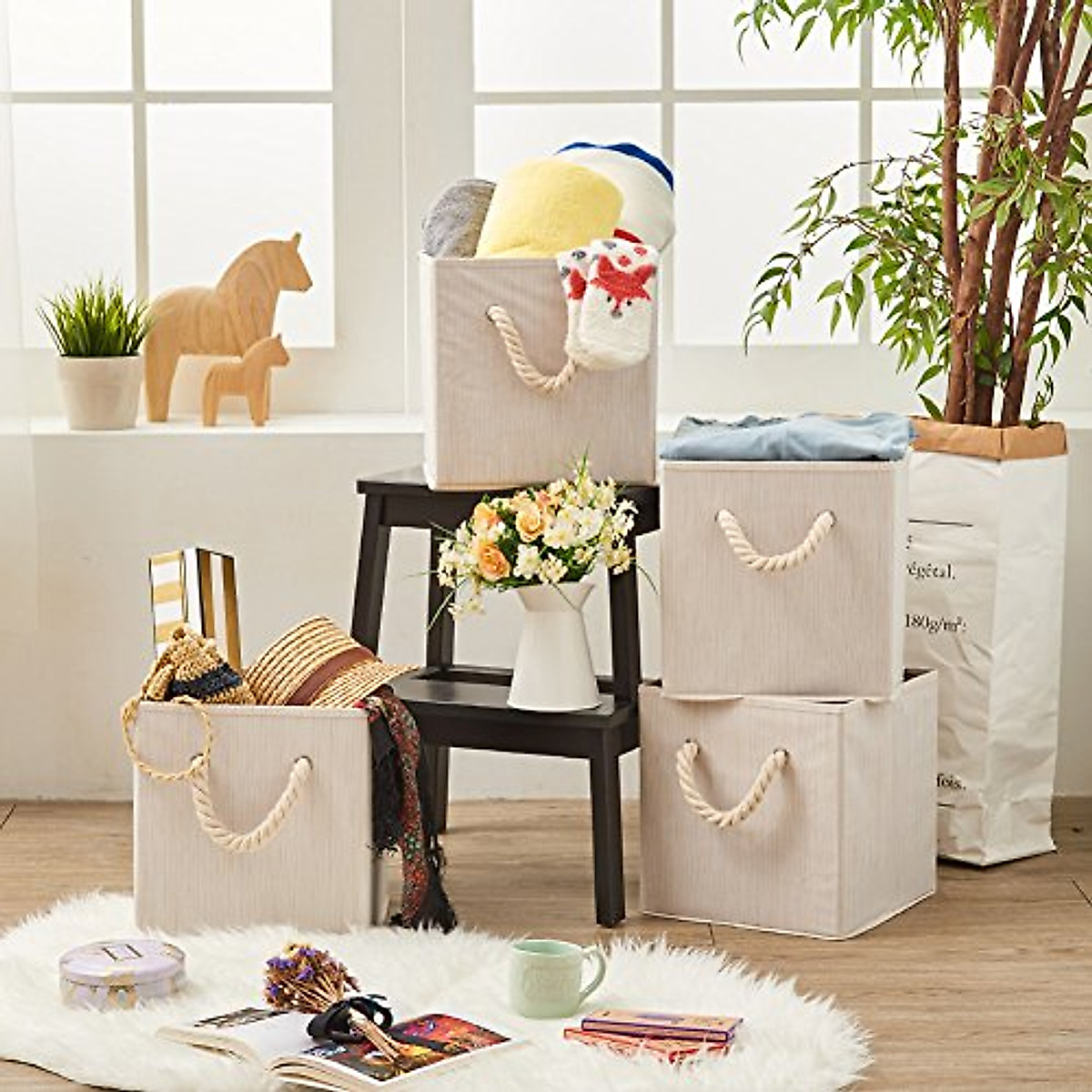 EZOWare Set of 7 Bamboo Fabric Storage Bins Baskets with Cotton Rope Handle, Collapsible Cube Container Box for Nursery, Kids, Closet, and More