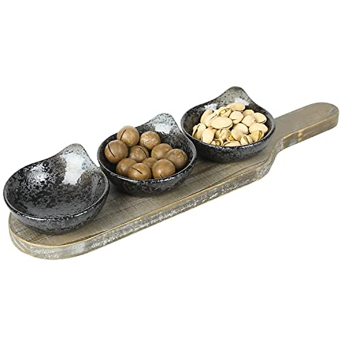 MyGift Rustic Brown Solid Wood Serving Tray and Ceramic Condiment Bowl Set Includes Speckled Black Dipping Sauce Bowls for Dips, Sauces, Toppings and Appetizers
