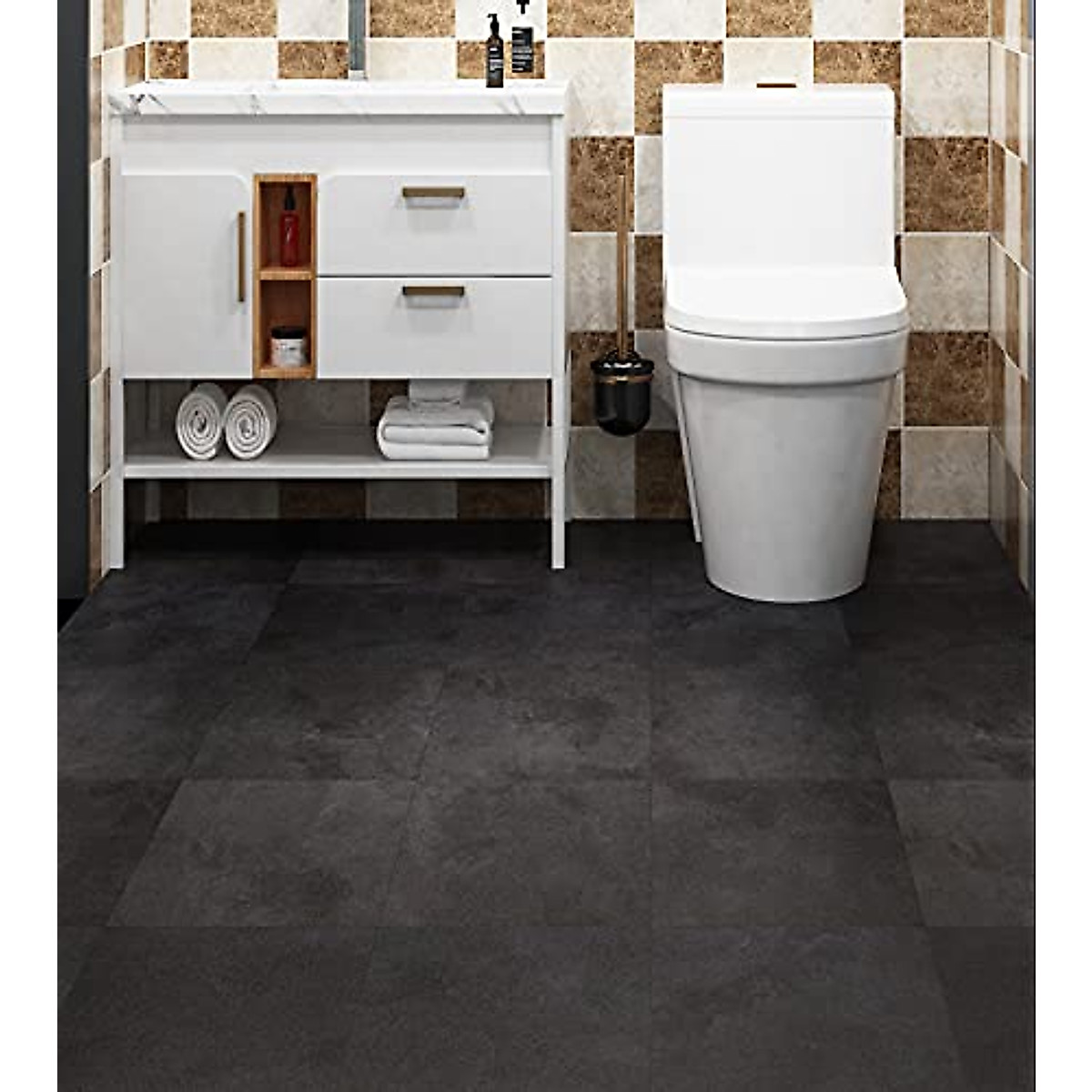 Livelynine 32-Pack Removable Floor Tiles Peel and Stick Flooring Charcoal Grey Vinyl Flooring Waterproof Bathroom Floor Tile Stickers Stick On Laminate Flooring Sticky Linoleum Flooring 12X12 Inch