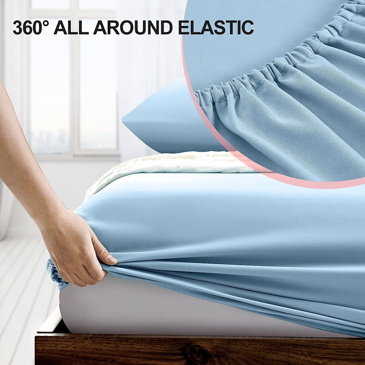 FreshCulture Full Fitted Sheet Only - Hotel Quality Fitted Sheet Full Size - Ultra Soft & Breathable - Brushed Microfiber - Deep Pocket - Cooling Fitted Sheets for Full Size Bed (Light Blue)
