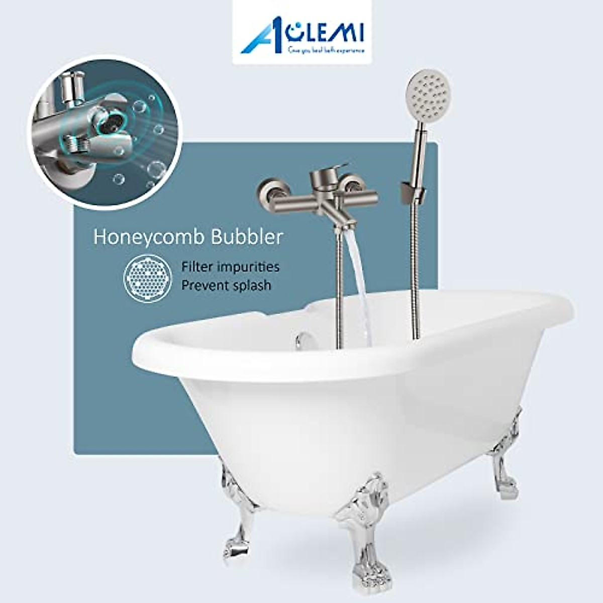 Aolemi Brushed Nickel Bathtub Faucet Wall Mount Only Tub Filler with Handheld Sprayer 6 Inch Centre Single Handle Shower Mixer Taps SUS304 Stainless Steel for Bathroom