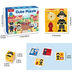 Atoylink 6 in 1 Educational Toys for 2 3 4 5 Year Old Kids Toddlers Wooden Cube Puzzles Occupations Pretend Play Matching Blocks Preschool Montessori Toys for Boys Girls Gifts - 12pcs