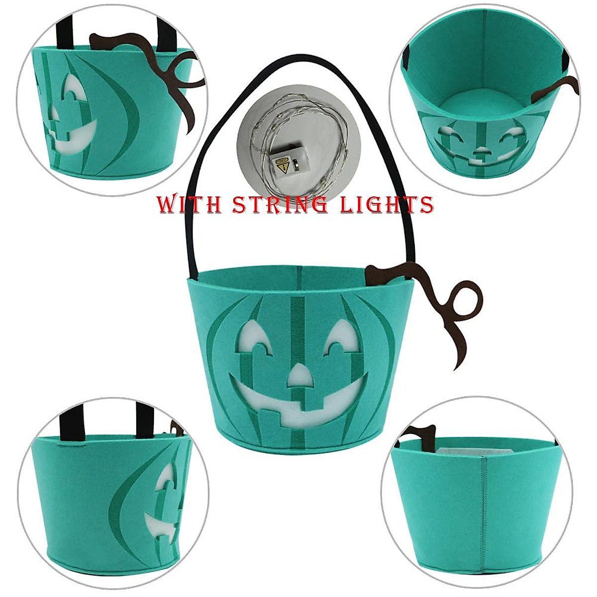 Ahuimeius Light Up Teal Pumpkin Halloween Felt Trick or Treat Bucket, with Blue LED lights, Halloween Party Favors, Halloween Snacks, Halloween Goodie Bags for Kids, Novlety Gifts