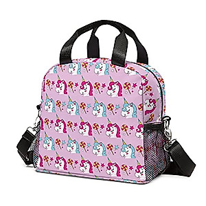 Insulated Lunch Bag for Boys Girls, Leakproof Reusable Kids Lunch Box Container with Detachable Buckled Handle, Portable Cooler Lunch Tote with Side Pocket for Work School Outdoor Adult (Pink Unicorn)