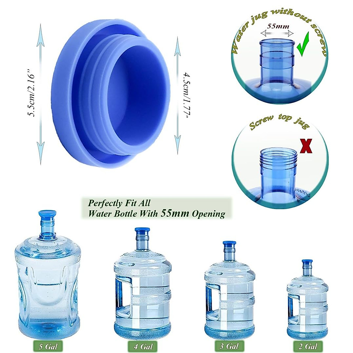 5 Gallon Water Jug Caps Reusable, Fit 55mm bottle openings, Anti-Splash, No-Spill, Leak Proof and Air Tight, 4 Pack