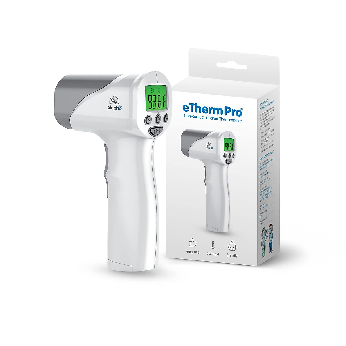 Elepho eTherm Pro Medical Quality Non-Contact IR Forehead Thermometer for Family or Office Use. Instant Body, Object, or Liquid Readings. Large LCD Display. 32 Memory Readings