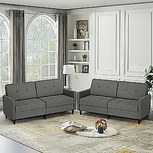 77" Modern Linen Fabric Futon Sofa Bed with Adjustable Backrest & Solid Wood Legs, Convertible Loveseat Couch Sleeper Sofabed 3 Seats Sofa for Small Space (Grey)