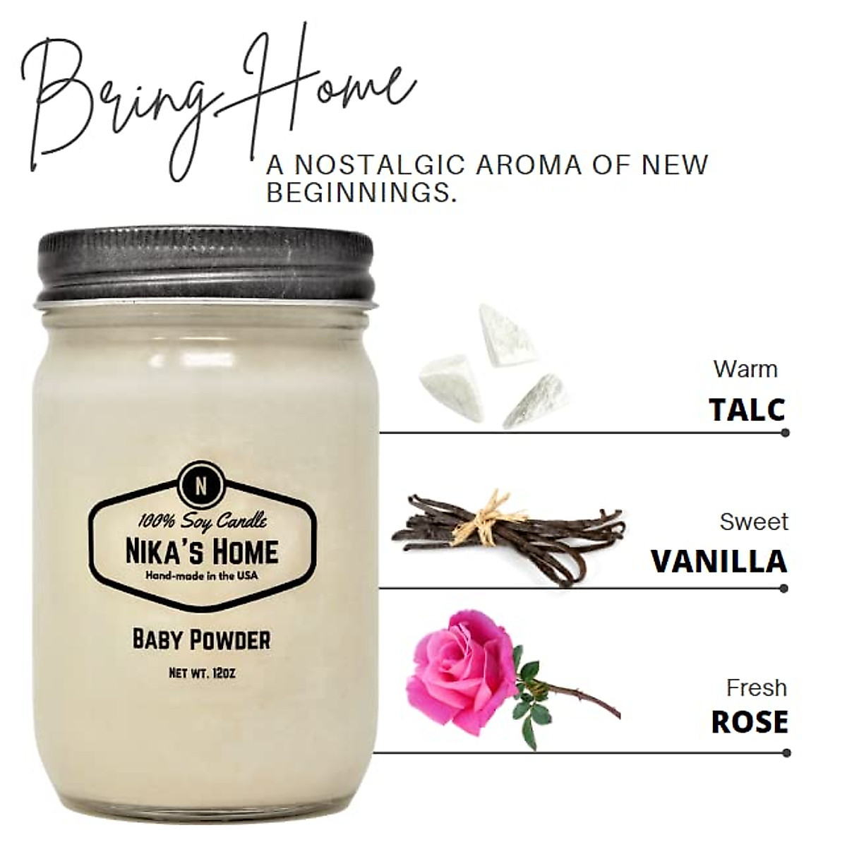 Nika's Home Baby Powder Soy Candle 12oz Mason Jar Non-Toxic White Soy Candle-Hand Poured Handmade, Long Burning 50-60 Hours Highly Scented All Natural, Clean Burning Large Candle Gift Décor
