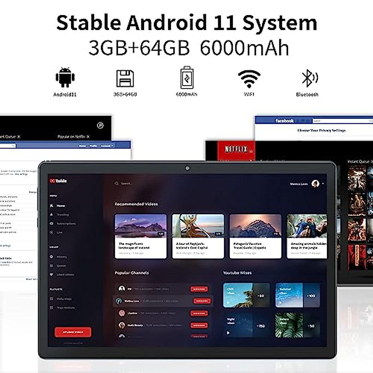 Android 11 Tablet 10inch Phablet, Large Storage 64GB Tablets Dual Stereo Speakers 512GB Expand, Octa-core Processor 3GB RAM 6000mAh Big Battery 10.1'' IPS HD Screen Google Tableta Tab