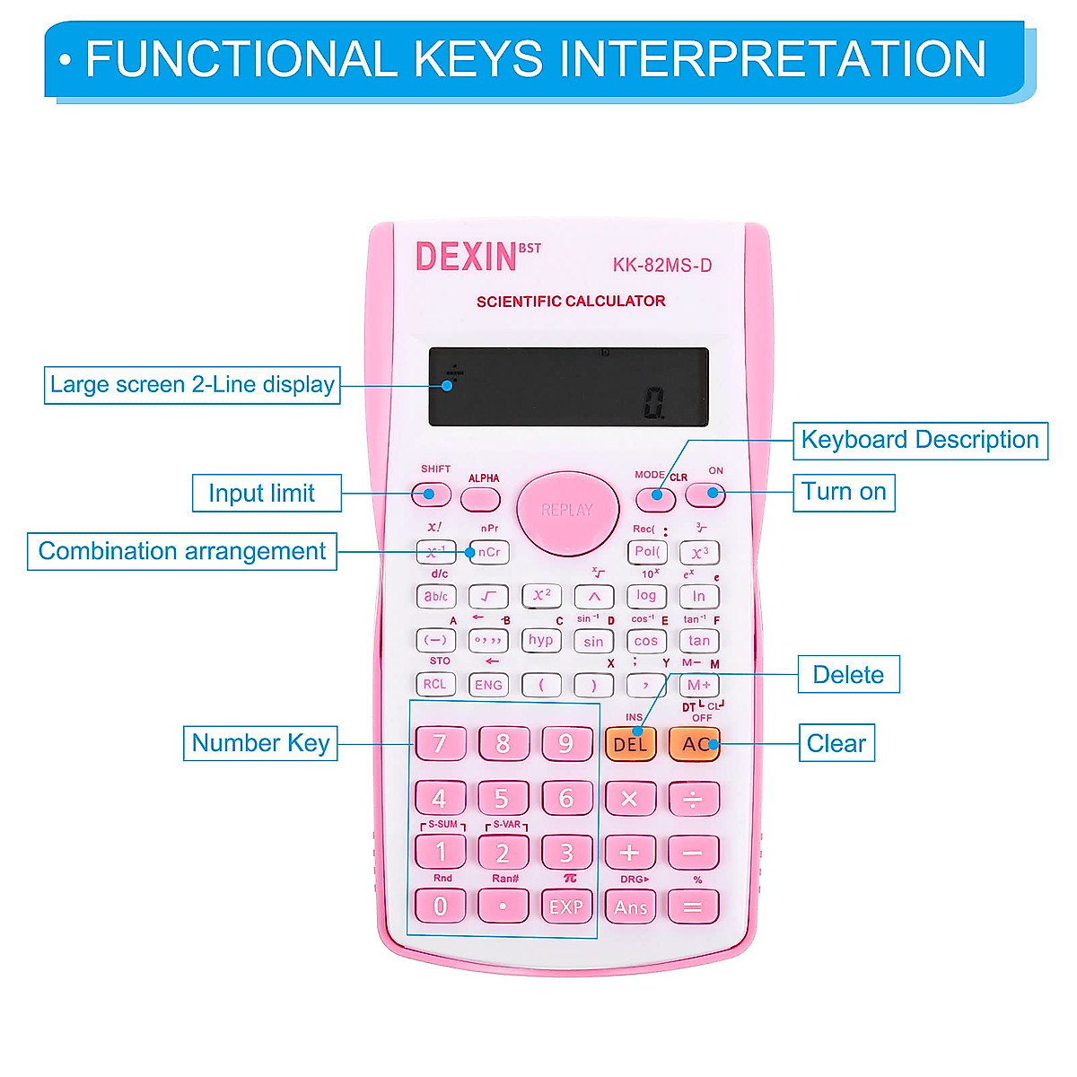 PATIKIL Scientific Calculator, 2-Line Standard Engineering Calculator with 240 Function 12 Digit LCD Display Math Calculator for Office Business, Pink