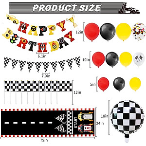 124 Pcs Race Car Birthday Party Supplies, Race Car Balloon Garland Kit with Racetrack Checked Flags HAPPY BIRTHDAY Banner Black and White Pennant Banner for Race Car Party Decorations