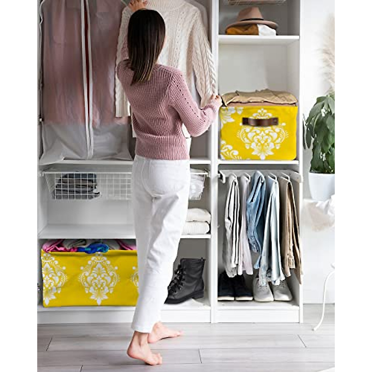 Yellow Storage Bins for Organizing, Decorative Large Closet Organizers with Handles Cubes - 2 Pack Fabric Baskets for Shelves, Closets, Laundry, Nursery, Classical Luxury Damask Texture