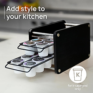 Ibyx Сoffee Pod Holders for K Cups - 2 Tier Coffee Pod Sliding Drawer for 20 K Cups Storage Capacity - Elegant Plexiglass Top and Metallic Coffee Pod Rack - Kitchen Counter Organizer (Black)