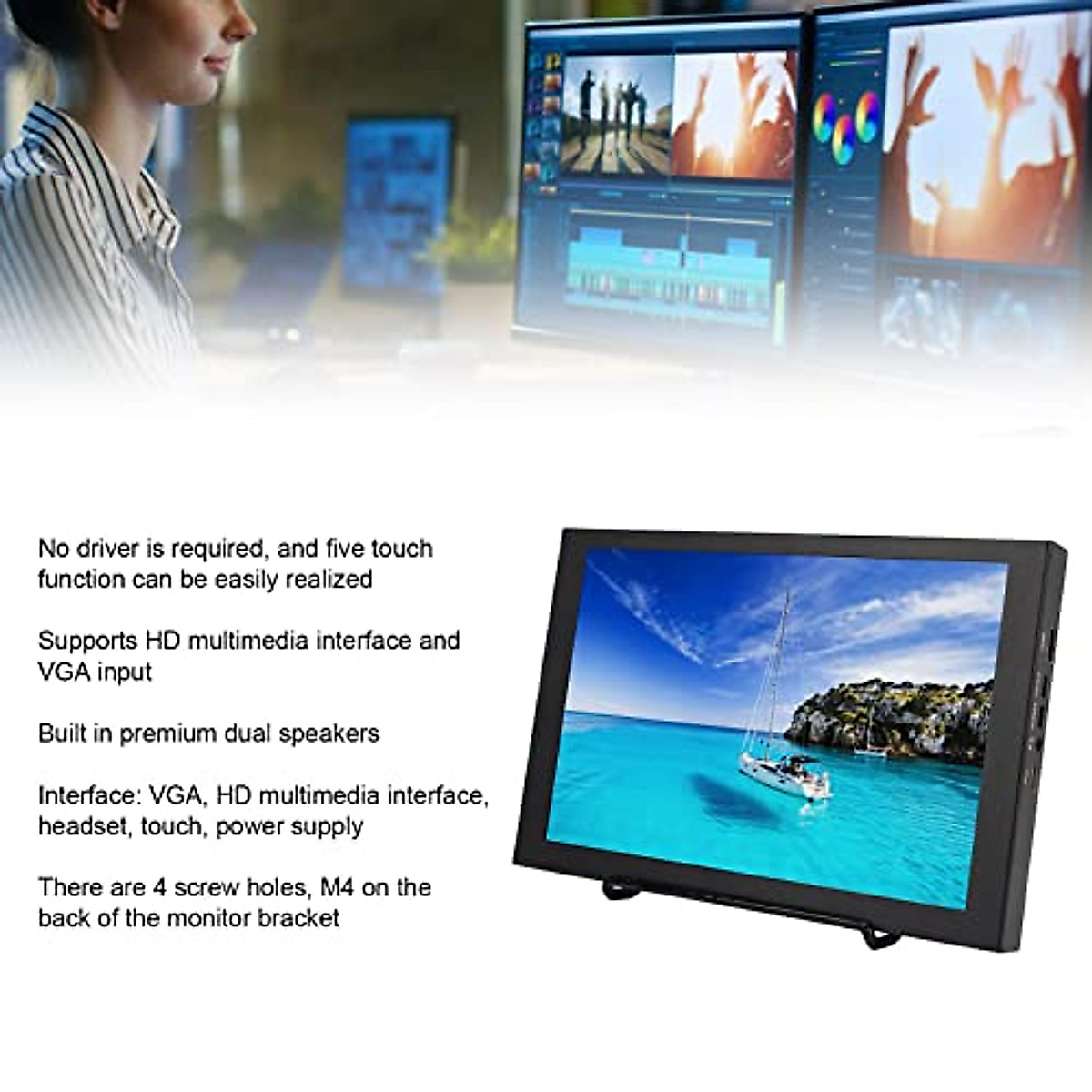 10.1 Inch Capacitive Display, 10.1in 050121113C Monitor Built in Speaker HD Multimedia and VGA Interface Color Touch Screen for DVRs